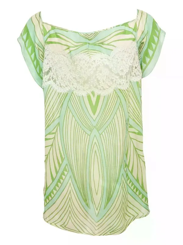 Just Cavalli Geometric Print Lace Trimmed Silk Top - Green