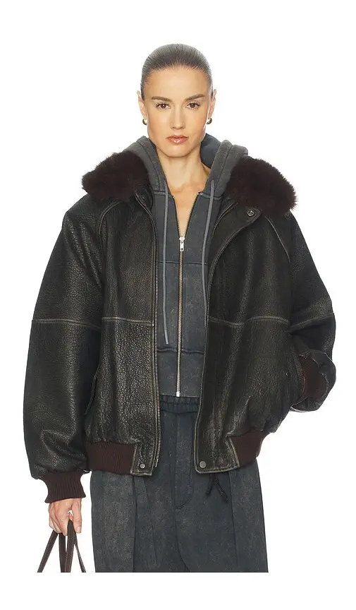 HELSA Oversized Leather Bomber With Faux Fur Collar - Black