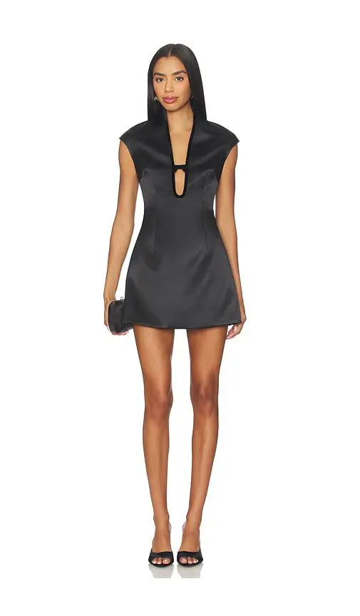SAU LEE Leah Satin Dress With Velvet Trim - Black
