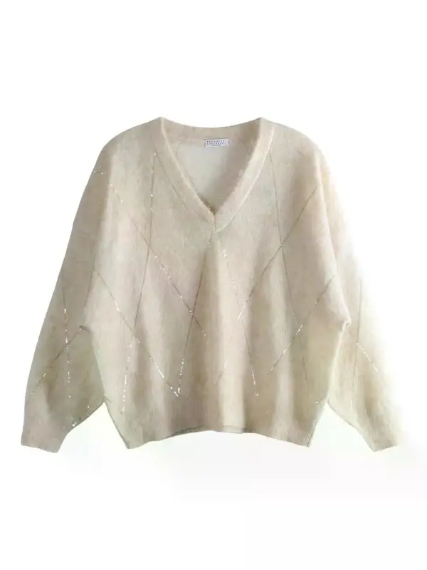 Brunello Cucinelli V-neck Argyle Sequin Embellished Sweater