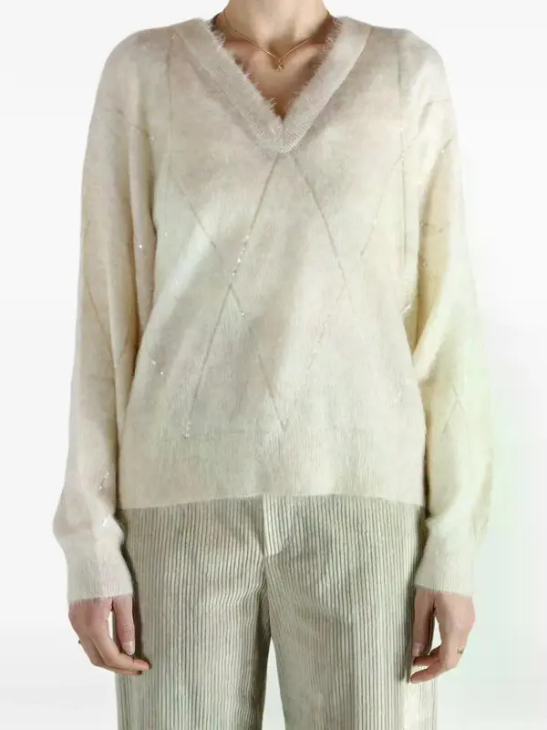 Brunello Cucinelli V-neck Argyle Sequin Embellished Sweater