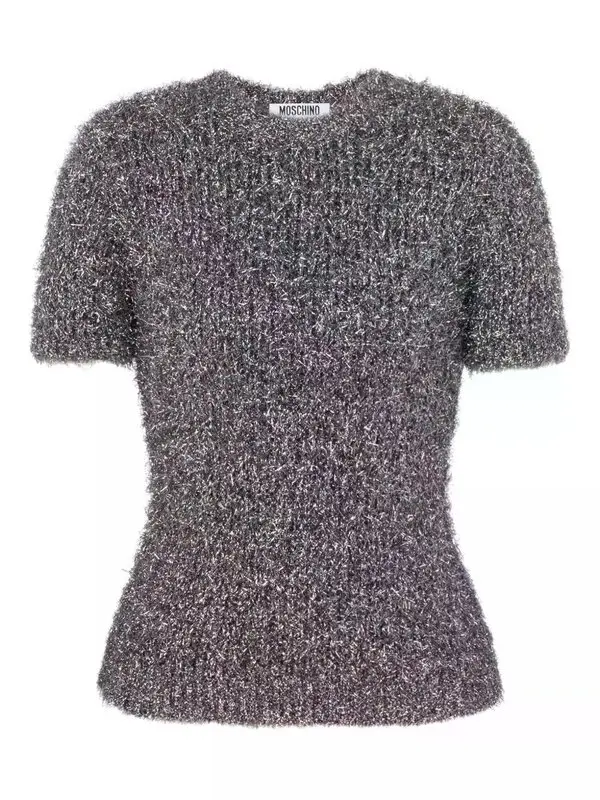 Moschino Tone Fuzzy Texture Short Sleeves Round Neck Ribbed Knit Top