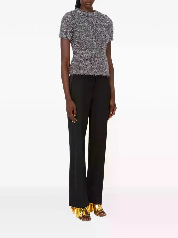 Moschino Tone Fuzzy Texture Short Sleeves Round Neck Ribbed Knit Top