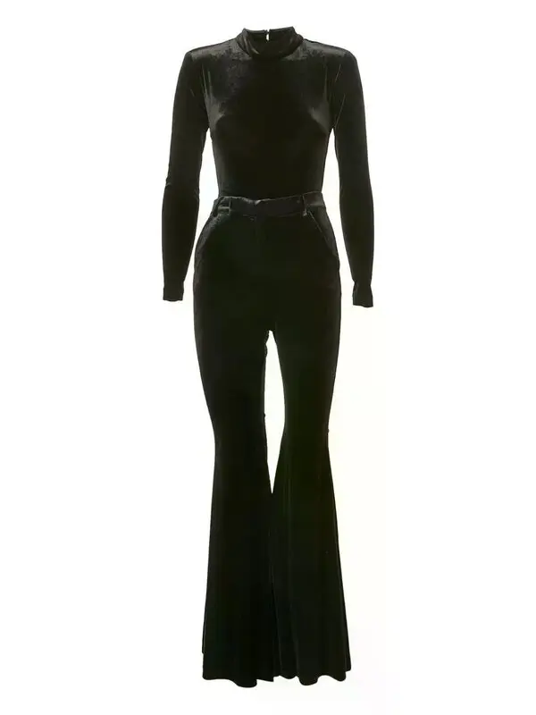 THE NEW ARRIVALS ILKYAZ OZEL 2000s Velvet High Neck Flared Jumpsuit - Black