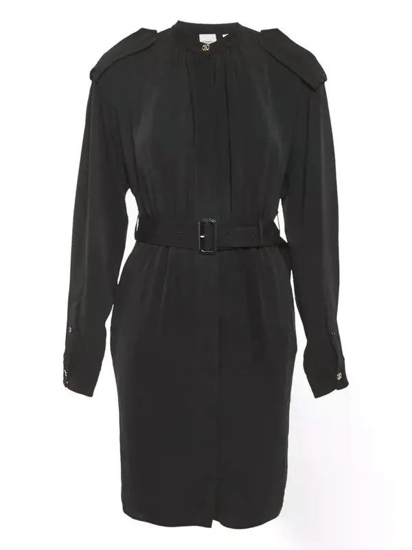 Burberry Chiffon Midi Dress With Belted Waist And Shoulder Pads - Black