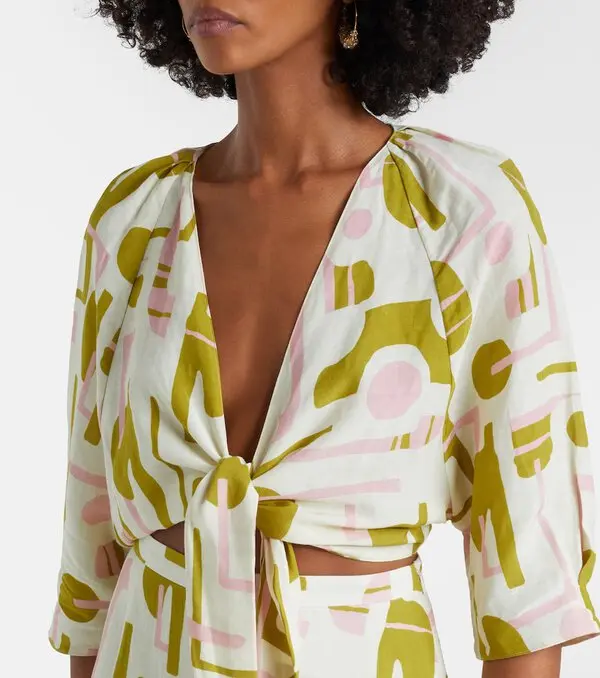 ADRIANA DEGREAS Printed Linen Blend Crop Top