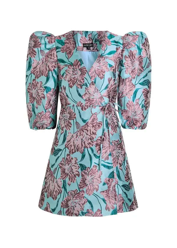SISTER JANE Floral Jacquard Puff Sleeve Wrap Mini Dress - Blue
