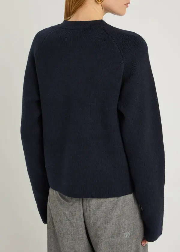 TOTEME Wool-blend Crew Neck Cardigan - Navy