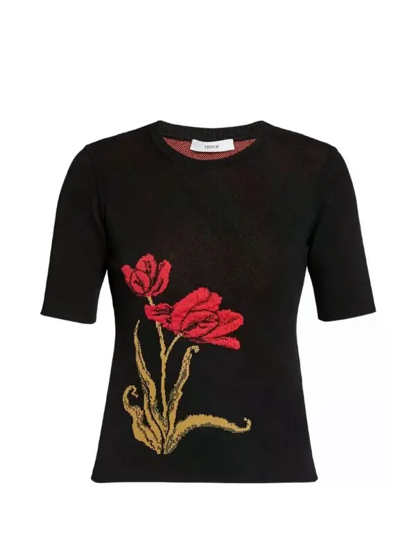 Erdem Short-sleeved Crewneck T-shirt With Floral Embellishment - Black
