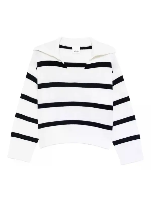 ALLUDE Striped V-neck Knit Sweater - White