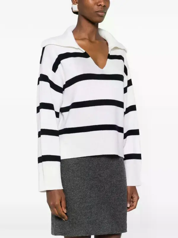 ALLUDE Striped V-neck Knit Sweater