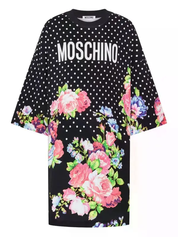 Moschino Polka-dot Quarter-sleeve Cotton Dress - Black