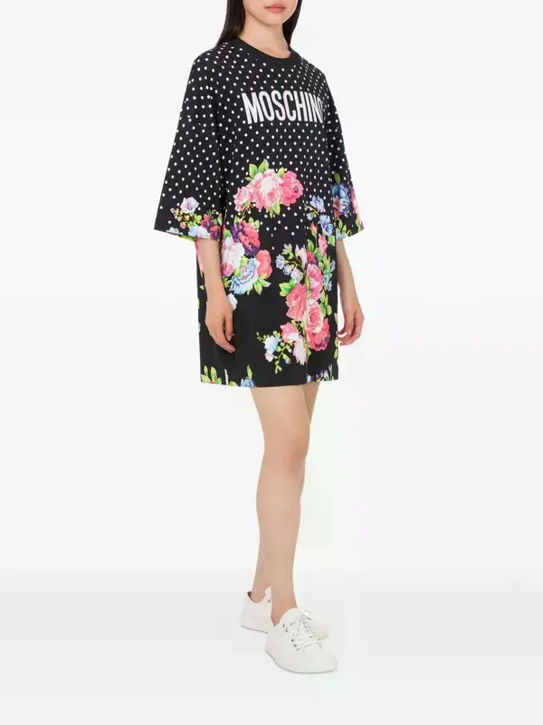 Moschino Polka Dot And Floral Print Quarter-sleeve Cotton Dress