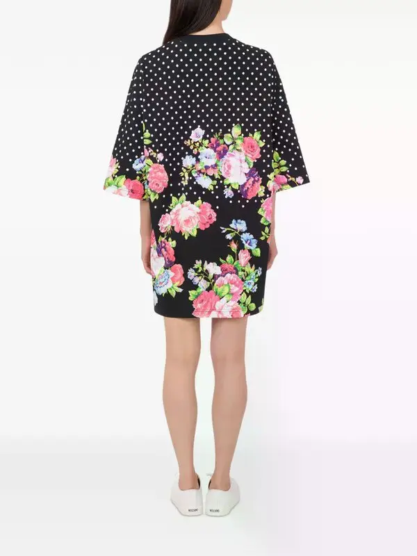 Moschino Polka Dot And Floral Print Quarter-sleeve Cotton Dress