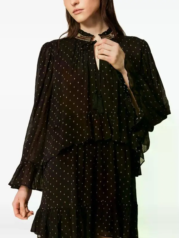 TWINSET Georgette Mini Dress With Ruffled Hem And Tassel Detail