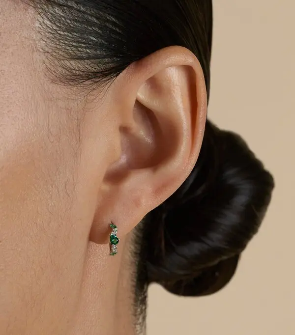 ASTRID & MIYU White Gold Diamond And Emerald Huggie Hoops