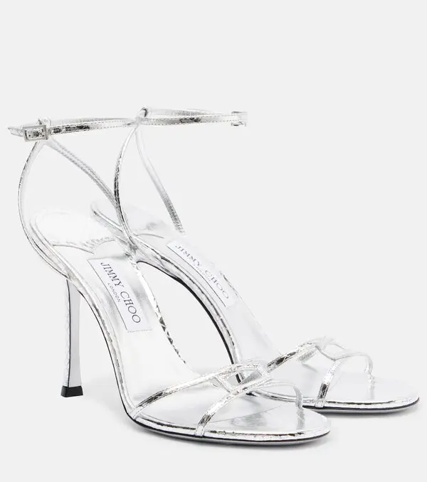 JIMMY CHOO Leo 100 Snake-effect Leather Sandals - Silver