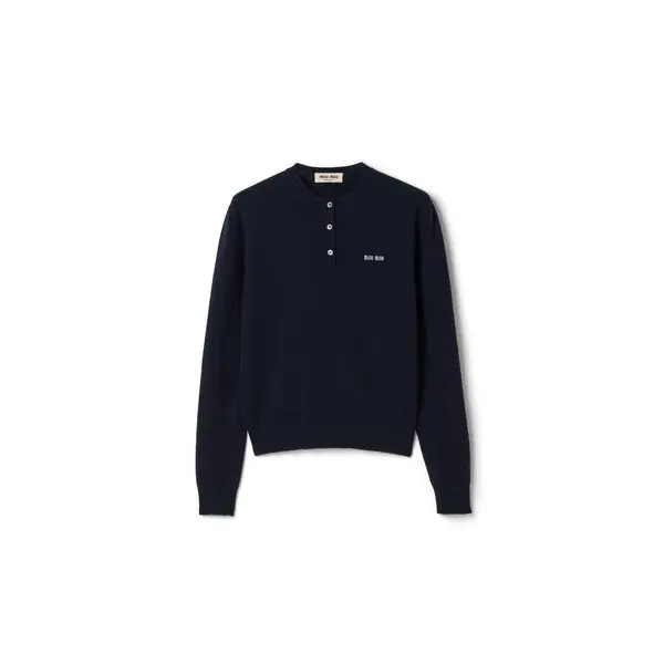 Miu Miu Cashmere Crew Neck Sweater With Button Detailing - Navy