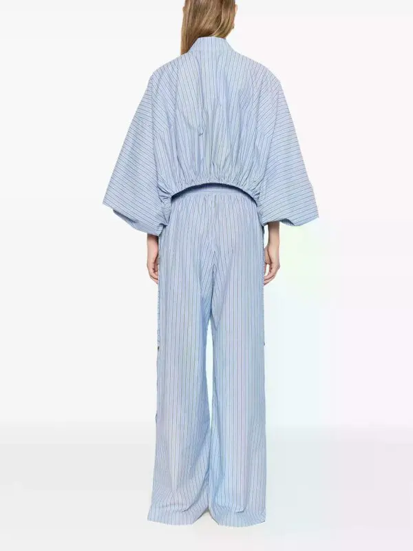Zimmermann Striped Mandarin Collar Shirt With Gold-tone Button And Drawstring Detail