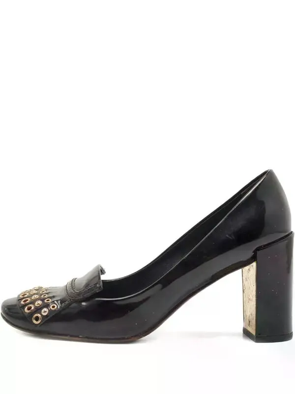 LOUIS VUITTON Patent Leather Block Heel Loafers With Gold Tone Embellishments And Fringe