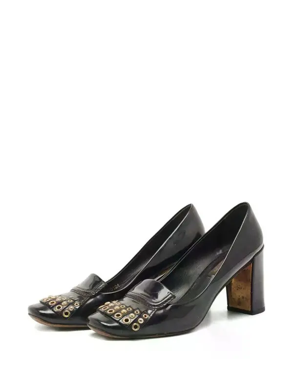 LOUIS VUITTON Patent Leather Block Heel Loafers With Gold Tone Embellishments And Fringe