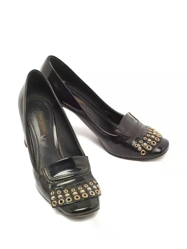 LOUIS VUITTON Patent Leather Block Heel Loafers With Gold Tone Embellishments And Fringe