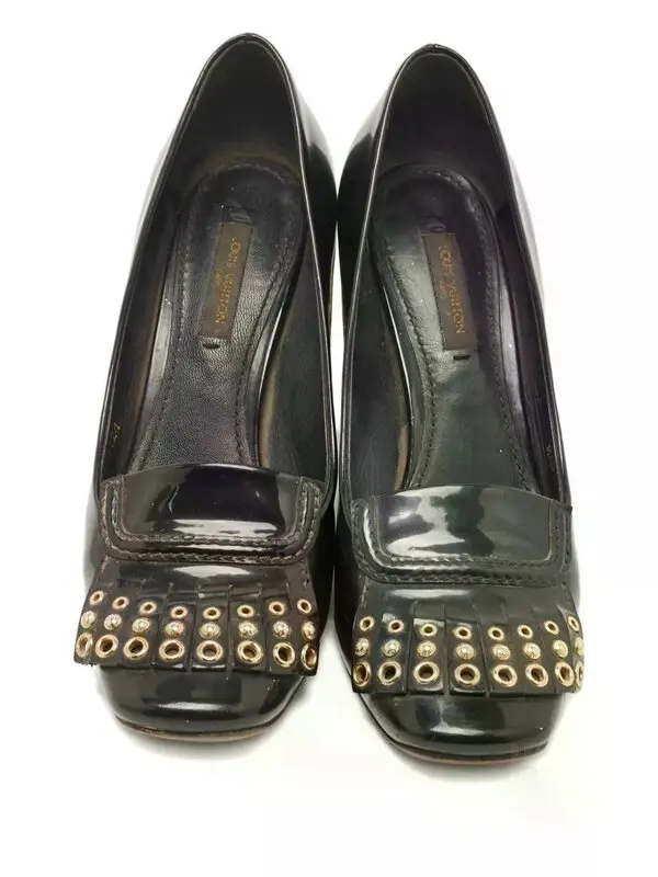 LOUIS VUITTON Patent Leather Block Heel Loafers With Gold Tone Embellishments And Fringe