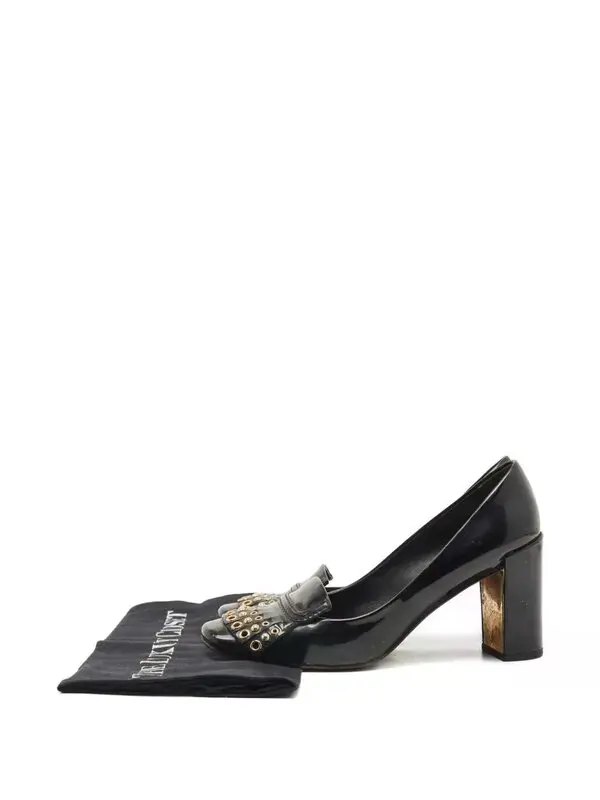 LOUIS VUITTON Patent Leather Block Heel Loafers With Gold Tone Embellishments And Fringe