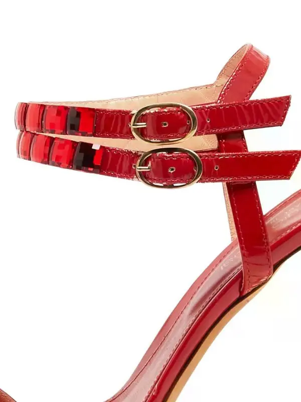 SERGIO ROSSI Leather Crystal Embellished Buckle High Heel Platform Sandals - Red