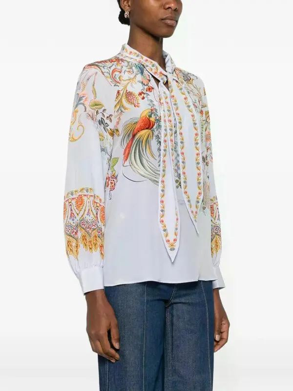 Etro Bird Print Tie-neck Blouse