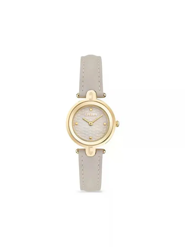 Furla Leather Strap Watch With Gold Bezel - Grey