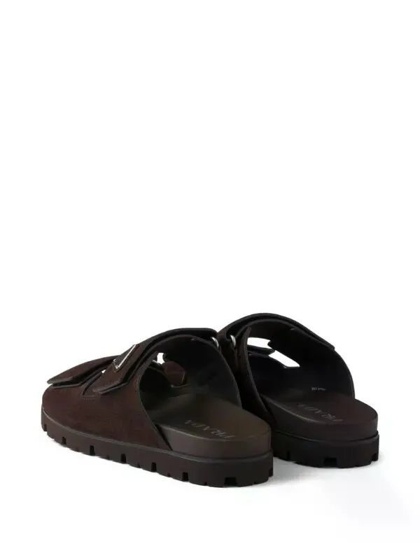 Prada Suede Triangle Logo Sandals - Brown