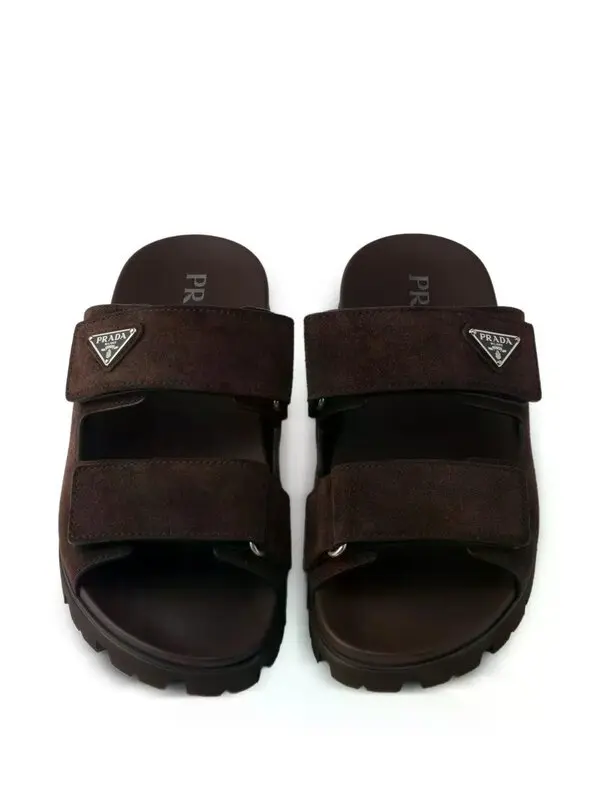 Prada Suede Triangle Logo Sandals - Brown