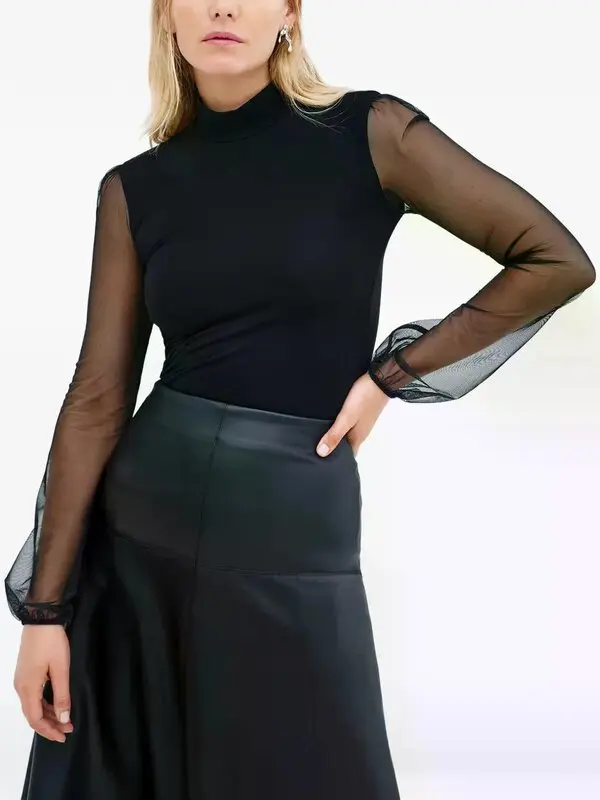 MARCELLA Mock Neck Top With Sheer Sleeves - Black
