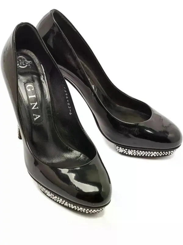 GINA Patent Leather Crystal Embellished Round Toe Platform Pumps - Black