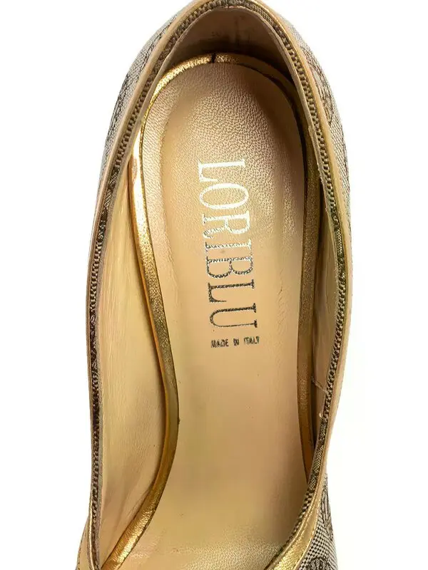 LORIBLU Beige Calf Leather Monogram Print Stiletto Heel Peep Toe Pumps