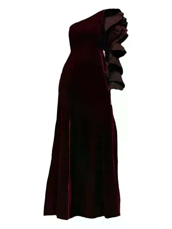 THA SEEN Velvet Maxi Dress With Ruffle Sleeve - Red