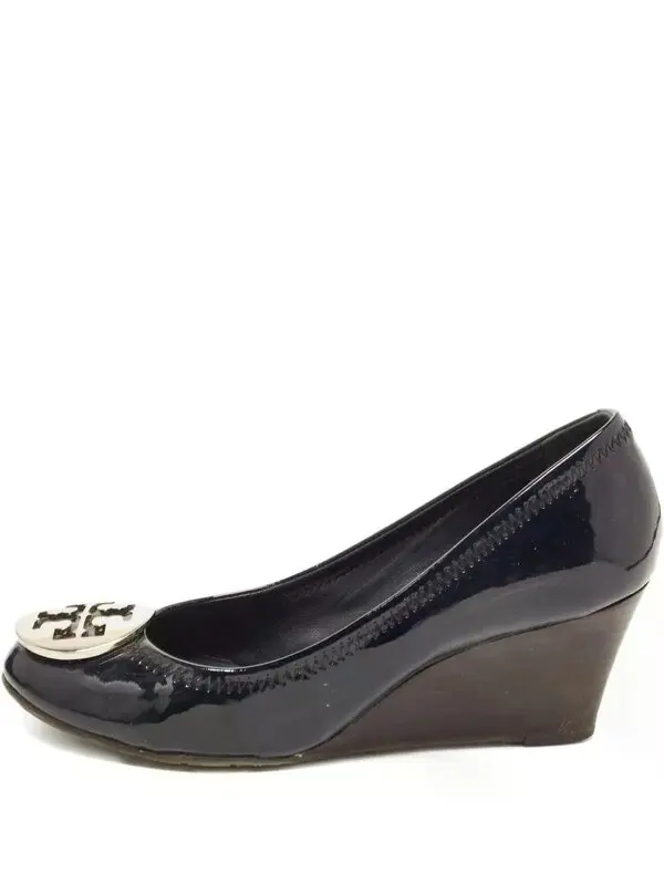 Tory Burch Navy Patent Leather Embellished Wedge Pumps