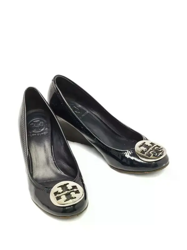 Tory Burch Navy Patent Leather Embellished Wedge Pumps