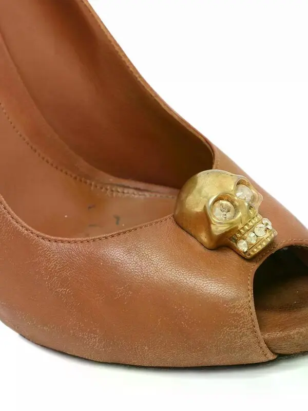 Alexander McQueen Leather Skull Embellished Peep-toe High Heel Pumps - Brown
