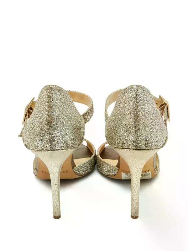 JIMMY CHOO Glitter Leather Peep Toe Stiletto Pumps With Ankle Strap - Gold