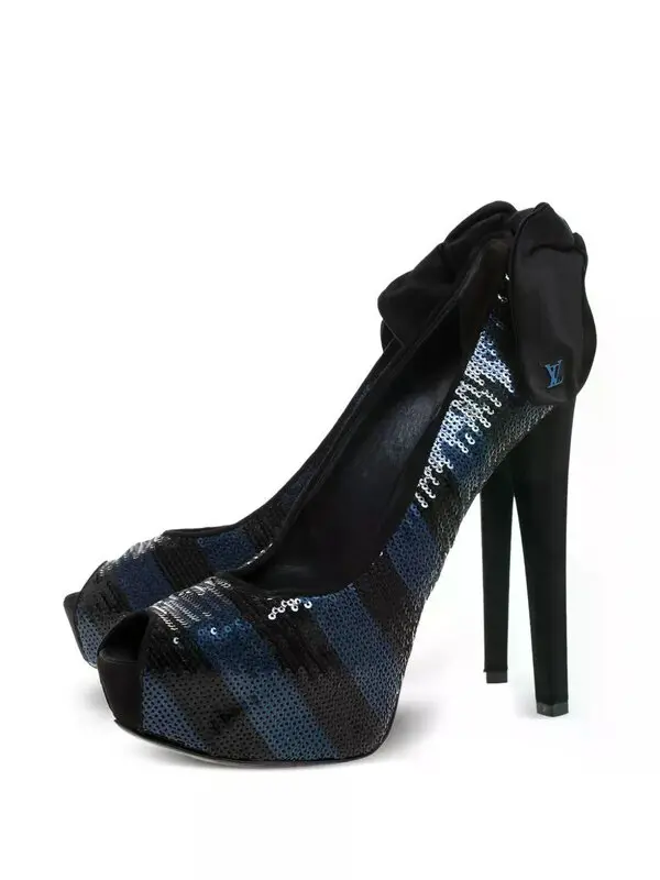 LOUIS VUITTON Sequined Striped Peep-toe Platform Pumps - Blue