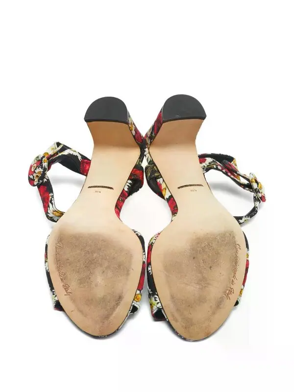 Dolce & Gabbana Floral Print Ankle Strap Block Heel Sandals - Red