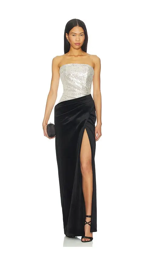 NADINE MERABI Sequin Corset Velvet Maxi Dress With Slit
