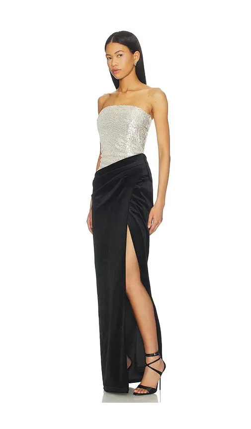 NADINE MERABI Sequin Corset Velvet Maxi Dress With Slit