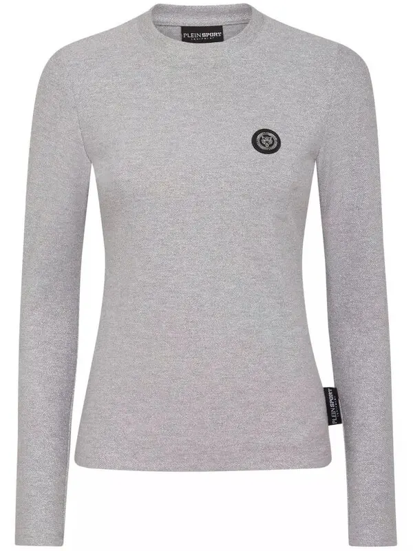 PLEIN SPORT Glitter Embellished Logo Patch Long Sleeve Top - Grey