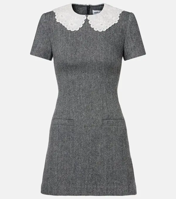 SELF-PORTRAIT Herringbone Wool-blend Minidress With Embroidered Collar - Grey