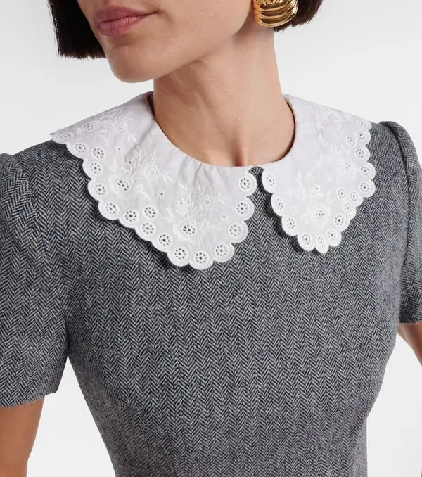 SELF-PORTRAIT Herringbone Wool-blend Minidress With Embroidered Collar
