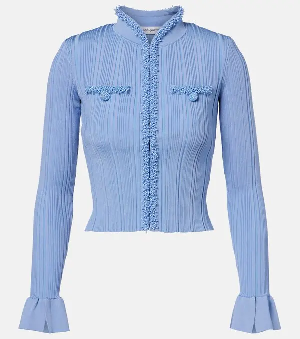 SELF-PORTRAIT Beaded Ribbed-knit Cardigan - Blue