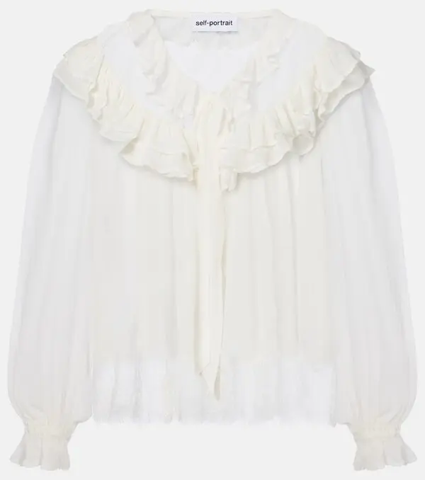 SELF-PORTRAIT Gathered Georgette And Lace Blouse - White